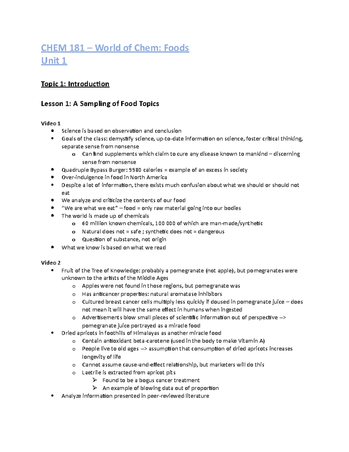 Chem 181 - Unit 1 Notes - CHEM 181 – World of Chem: Foods Unit 1 Topic ...