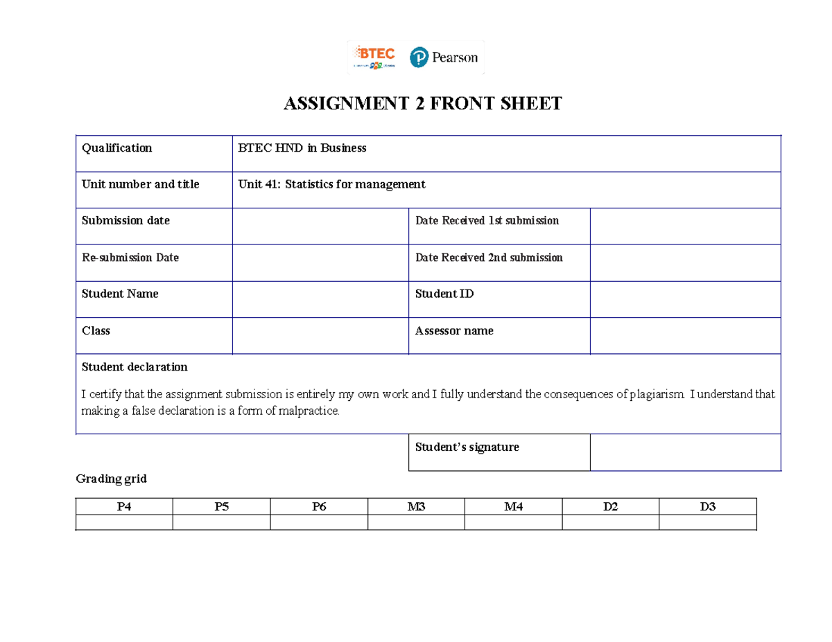 570 Assignment 2 Frontsheet - ASSIGNMENT 2 FRONT SHEET Qualification BTEC HND in Business Unit ...