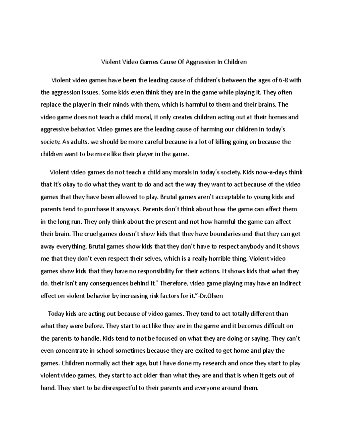 Persausive essay - Grade: B+ - Violent Video Games Cause Of Aggression ...