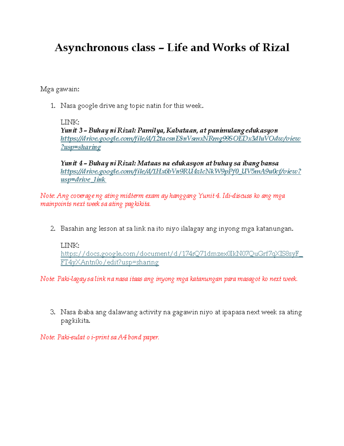 Things-to-do - Assignment for this week - Asynchronous class – Life and Works of Rizal Mga ...
