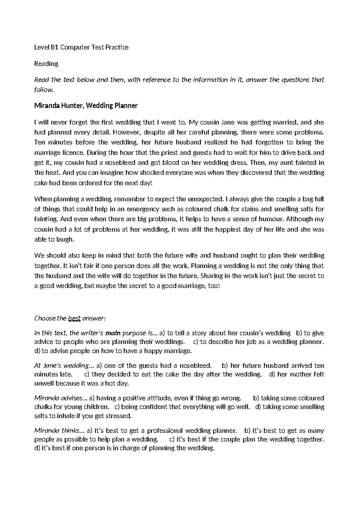 B1 Example OF Reading - Level B1 Computer Test Practice Reading Read ...
