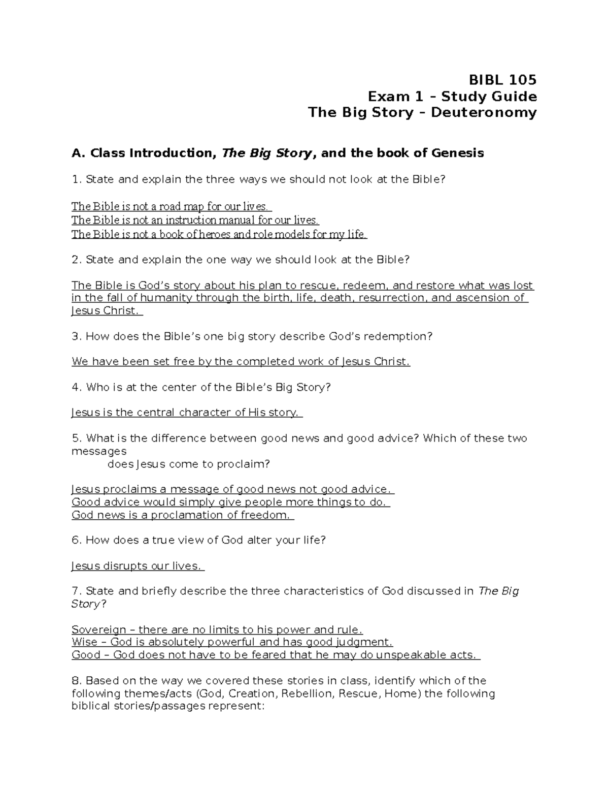 F18 Exam 1 Study Guide - BIBL 105 Exam 1 – Study Guide The Big Story ...