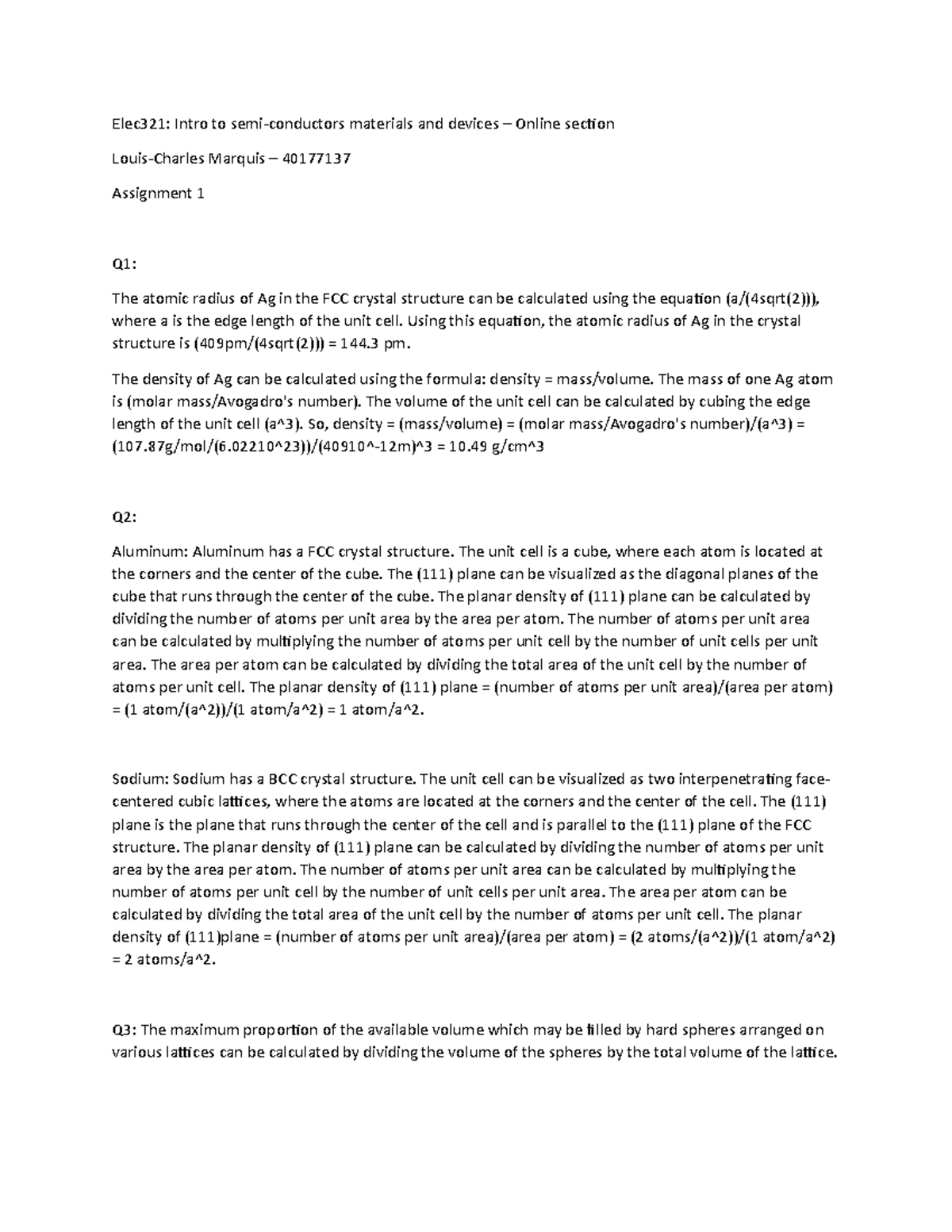 Assignment 1 - Elec321: Intro to semi-conductors materials and devices ...