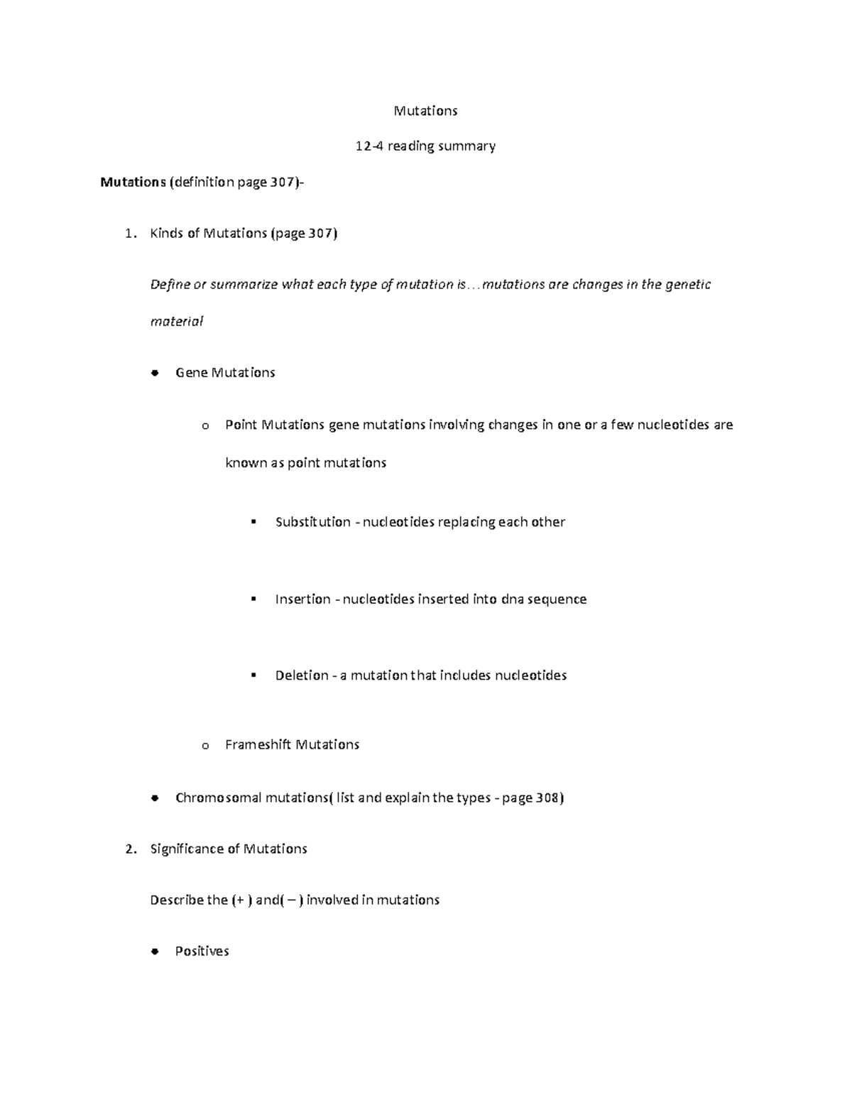 12.4 reading summary notes - Mutations 12-4 reading summary Mutations ...