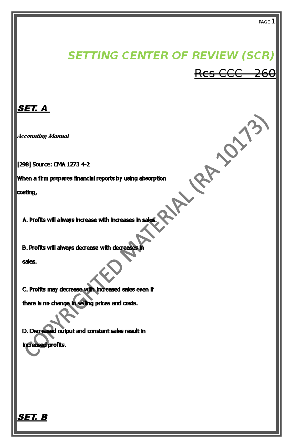 Rcs CCC-260 - A review guide in Accounting - SETTING CENTER OF REVIEW (SCR) Rcs CCC - 260 SET. A ...