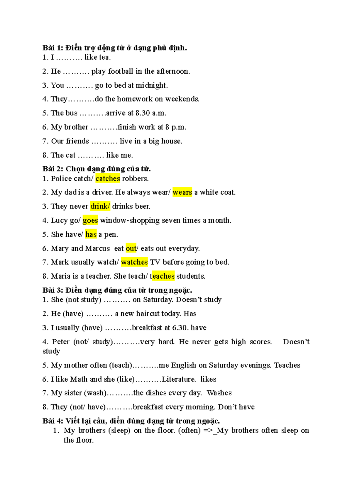 Bai tap htd phan 2 - wefwefwef - Bài 1: Điền trợ động từ ở dạng phủ ...