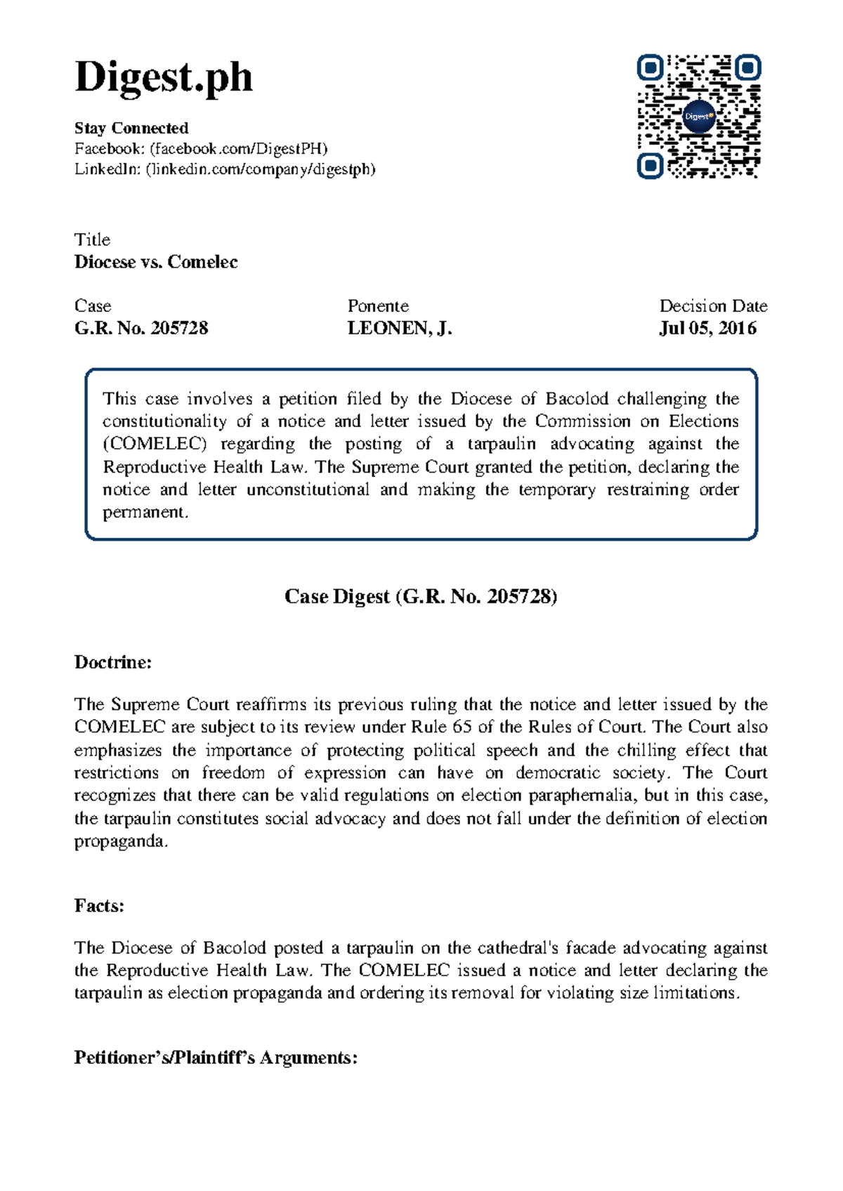 Case digest diocese vs comelec-Downloaded from Digest PH - Title ...
