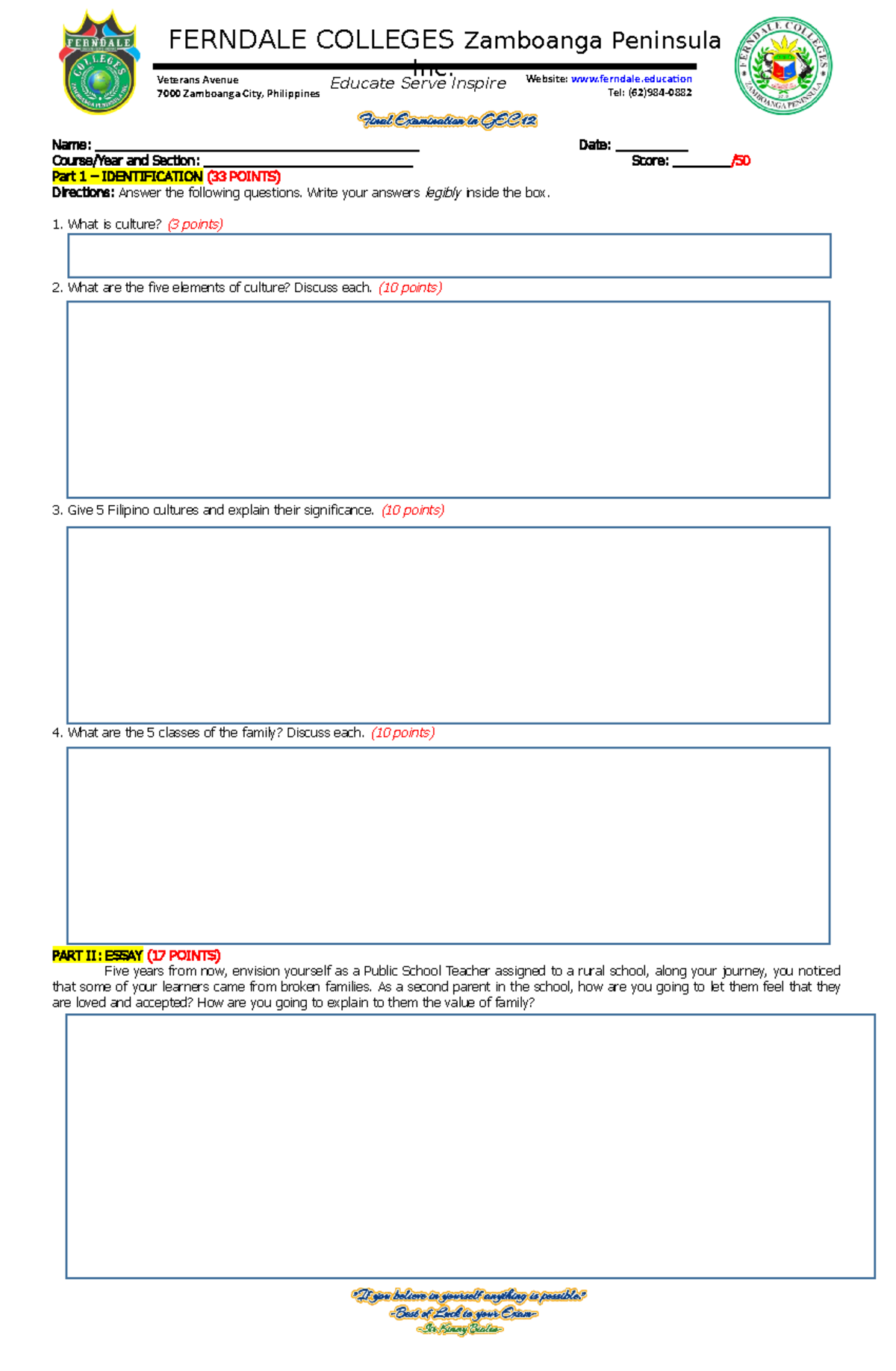 PED 3- Finals - Example sample only. - Name