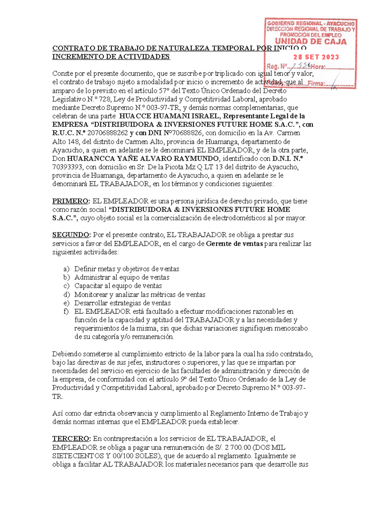 Contrato DE Trabajo Sujeto A Plazo FIJO - CONTRATO DE TRABAJO DE NATURALEZA TEMPORAL POR INICIO ...