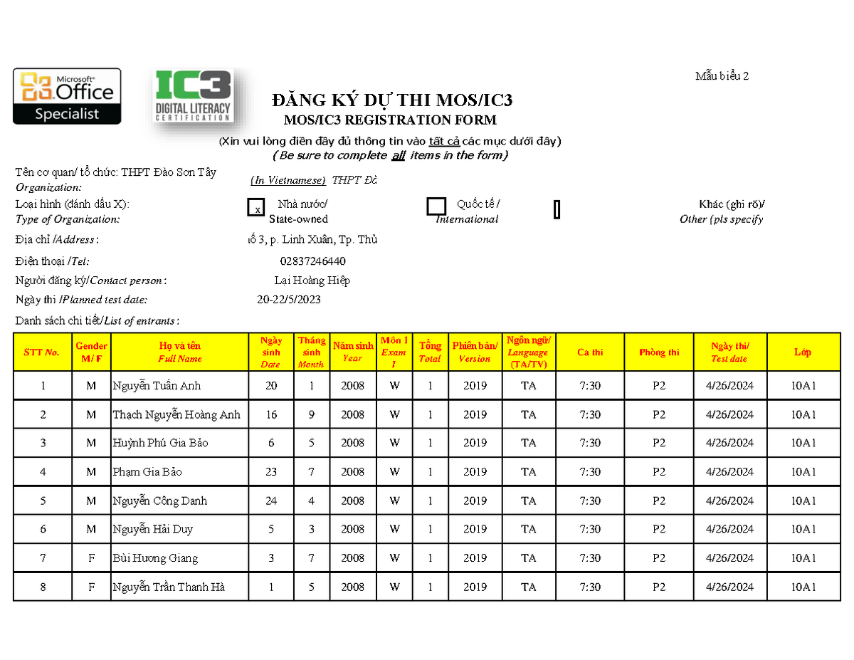 DS chia ca thi MOS 26 - Summary K. - K. - Mẫu biểu 2 (In Vietnamese ...