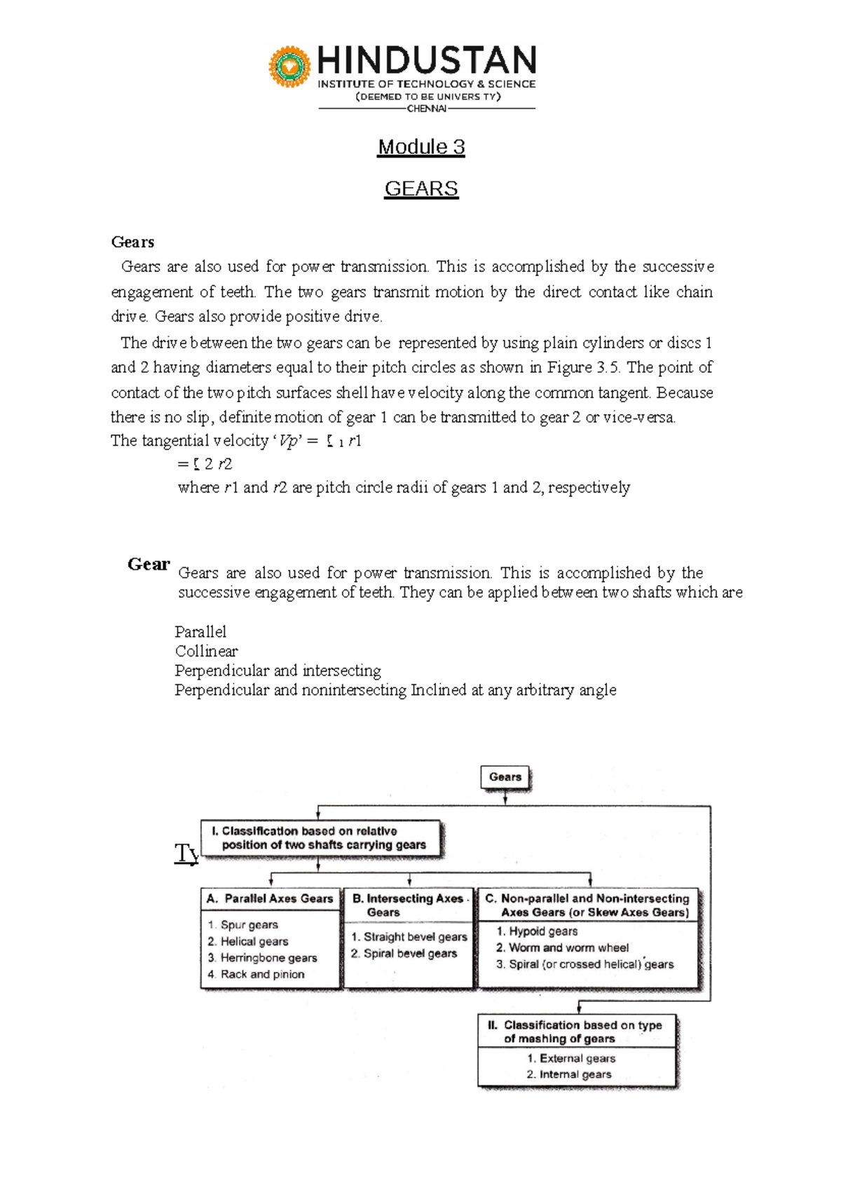 Module - 3 Lecture Notes - Module 3 GEARS Gears Gears are also used for ...
