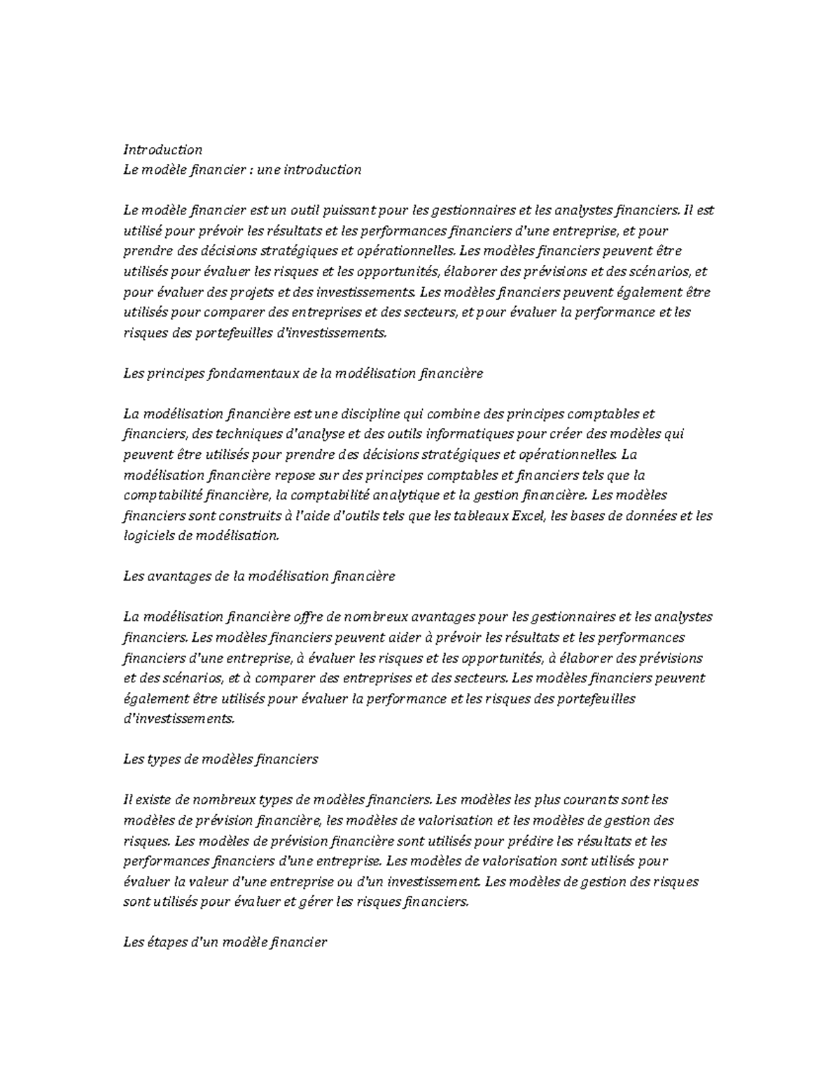 Financial Modeling note study - Introduction Le modèle financier : une ...