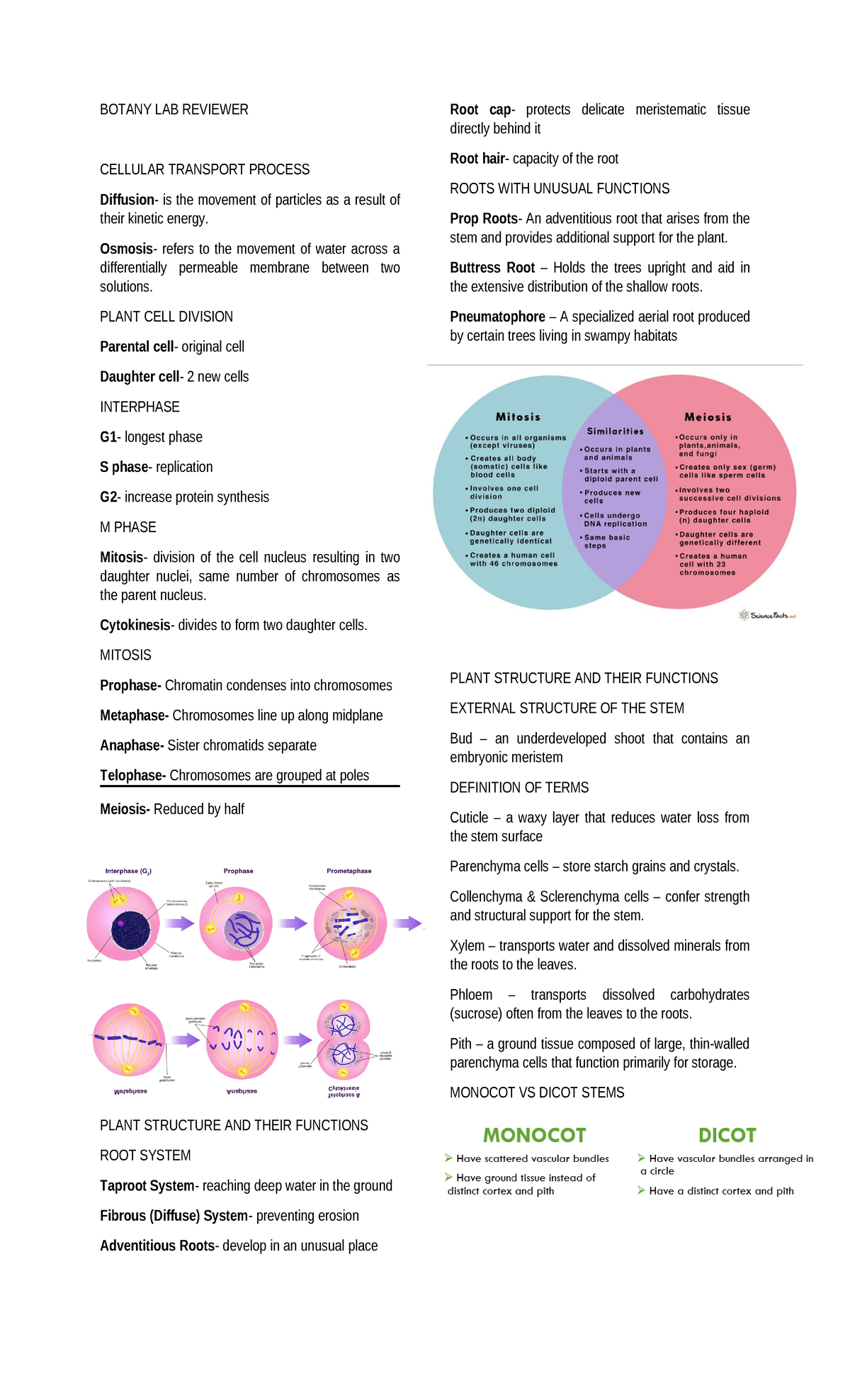Botany-LAB- Reviewer - Summary Pharmacy - BOTANY LAB REVIEWER CELLULAR ...