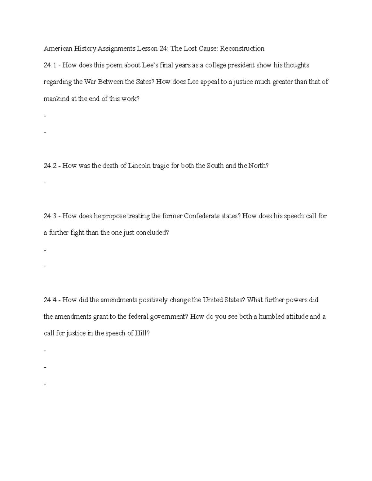 American History Assignments Lesson 24- The Lost Cause- Reconstruction ...