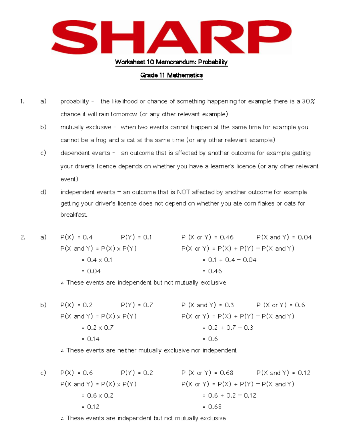 Worksheet 10 Memorandum Probability - Worksheet 1 0 Memorandum ...