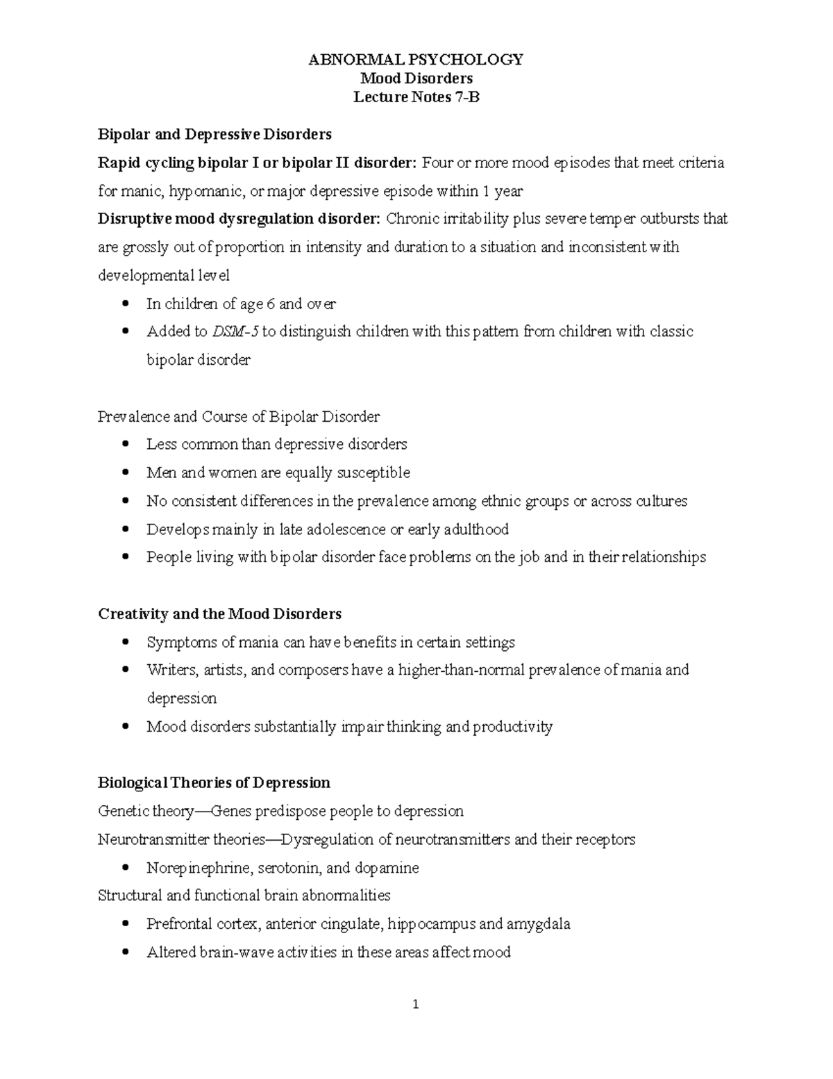 Abnormal-Psy Mood-Disorders 7B - Mood Disorders Lecture Notes 7-B ...