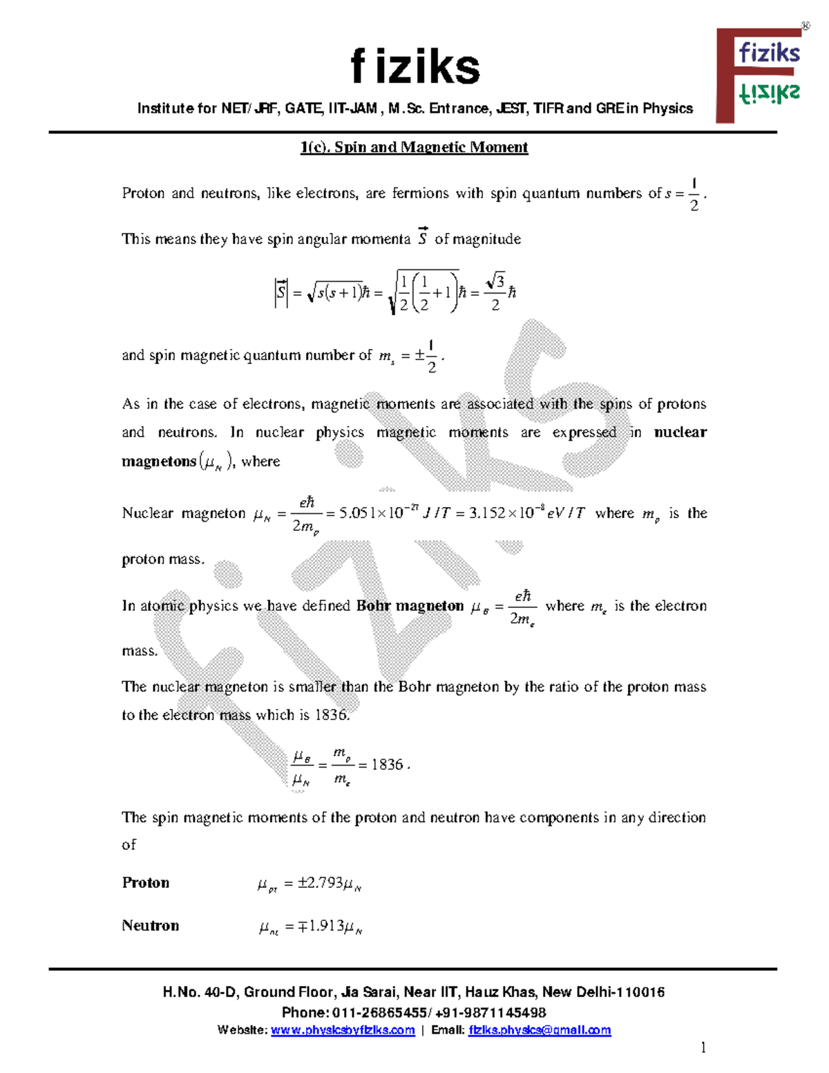 1c. Spin and Magnetic Moment - f iziks Institute for NET/ JRF, GATE ...