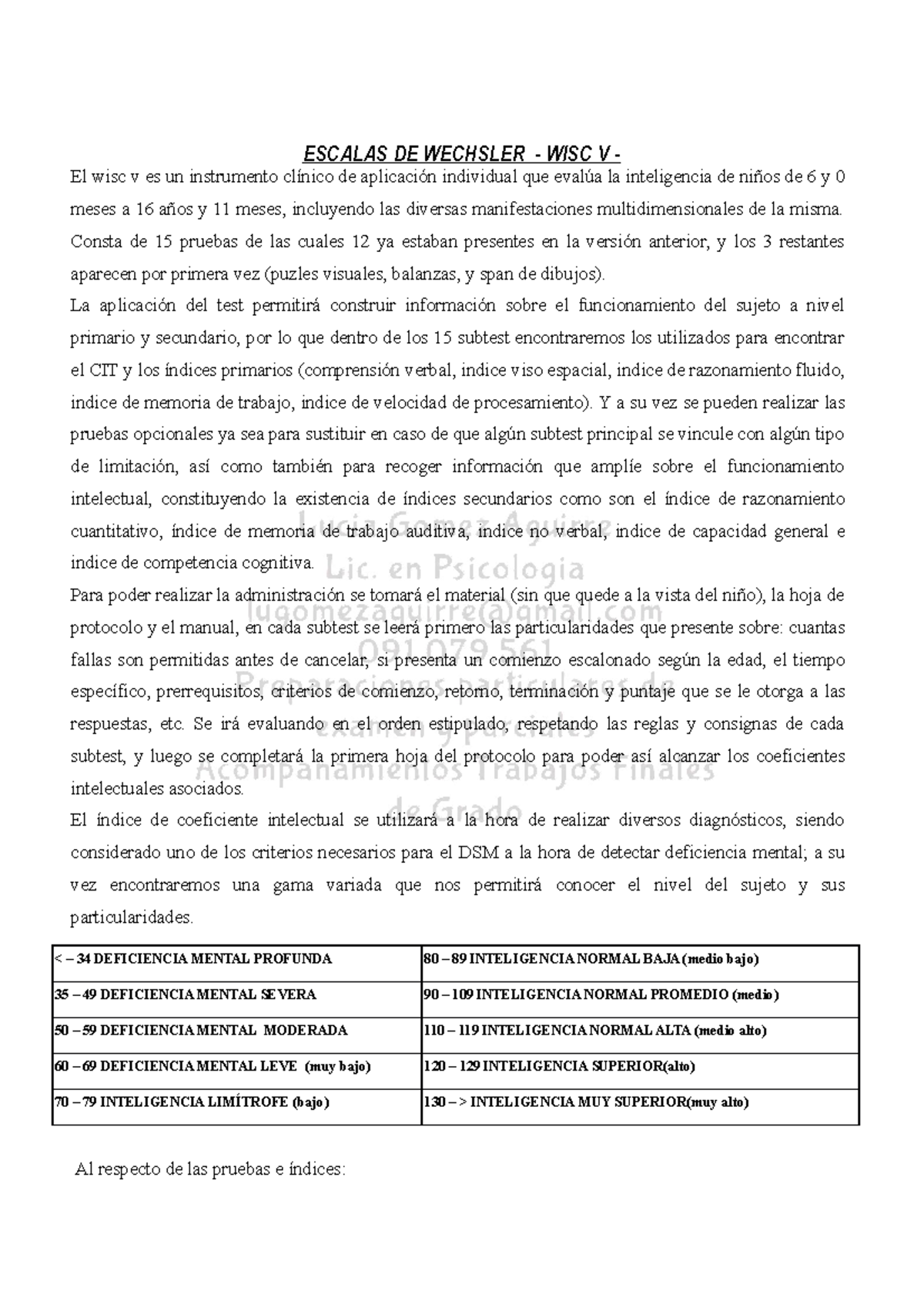 WISC V administración puntuación y análisis - ESCALAS DE WECHSLER ...