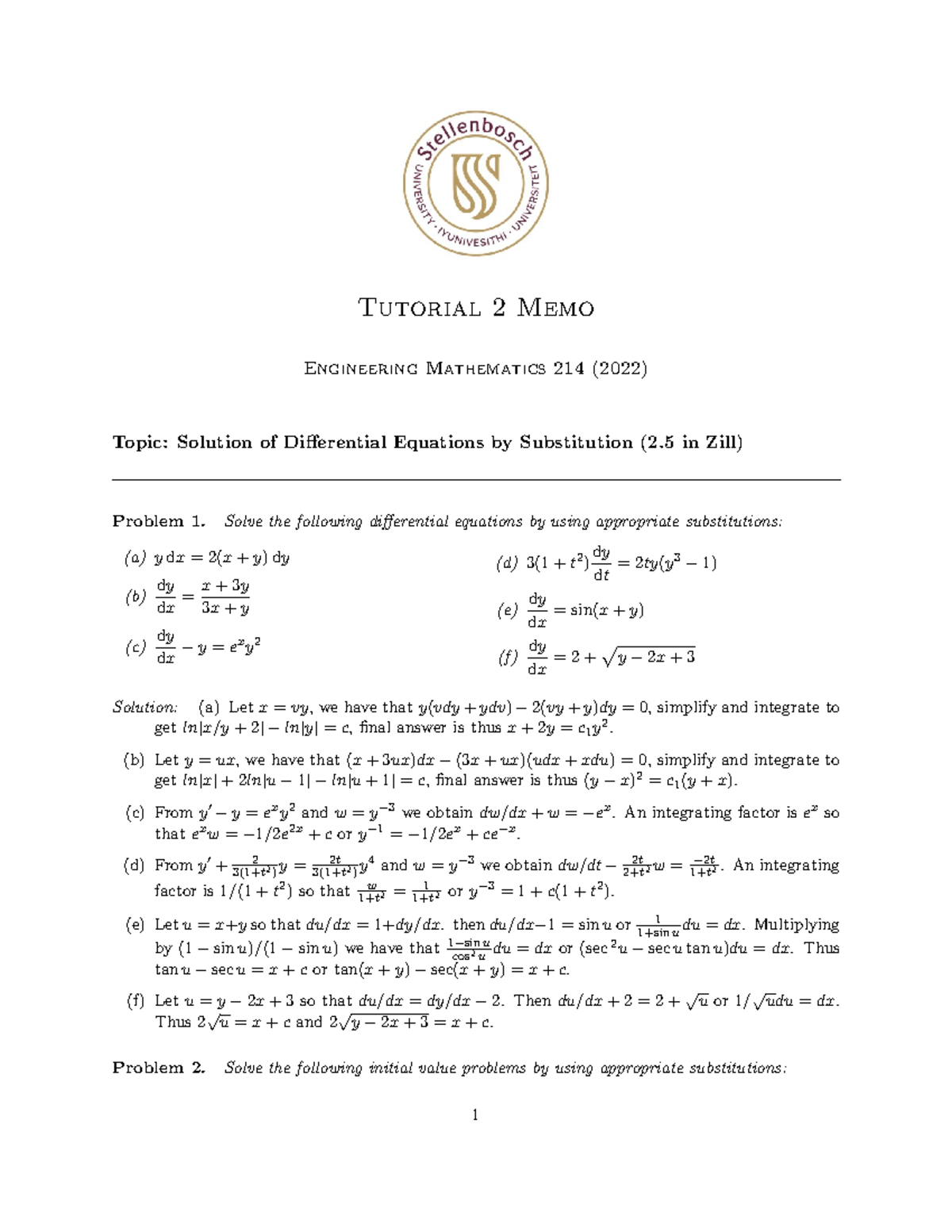 Memo 2 Tutorial Memo For Engineering Maths 214 Differential Equations Tutorial 2 Memo