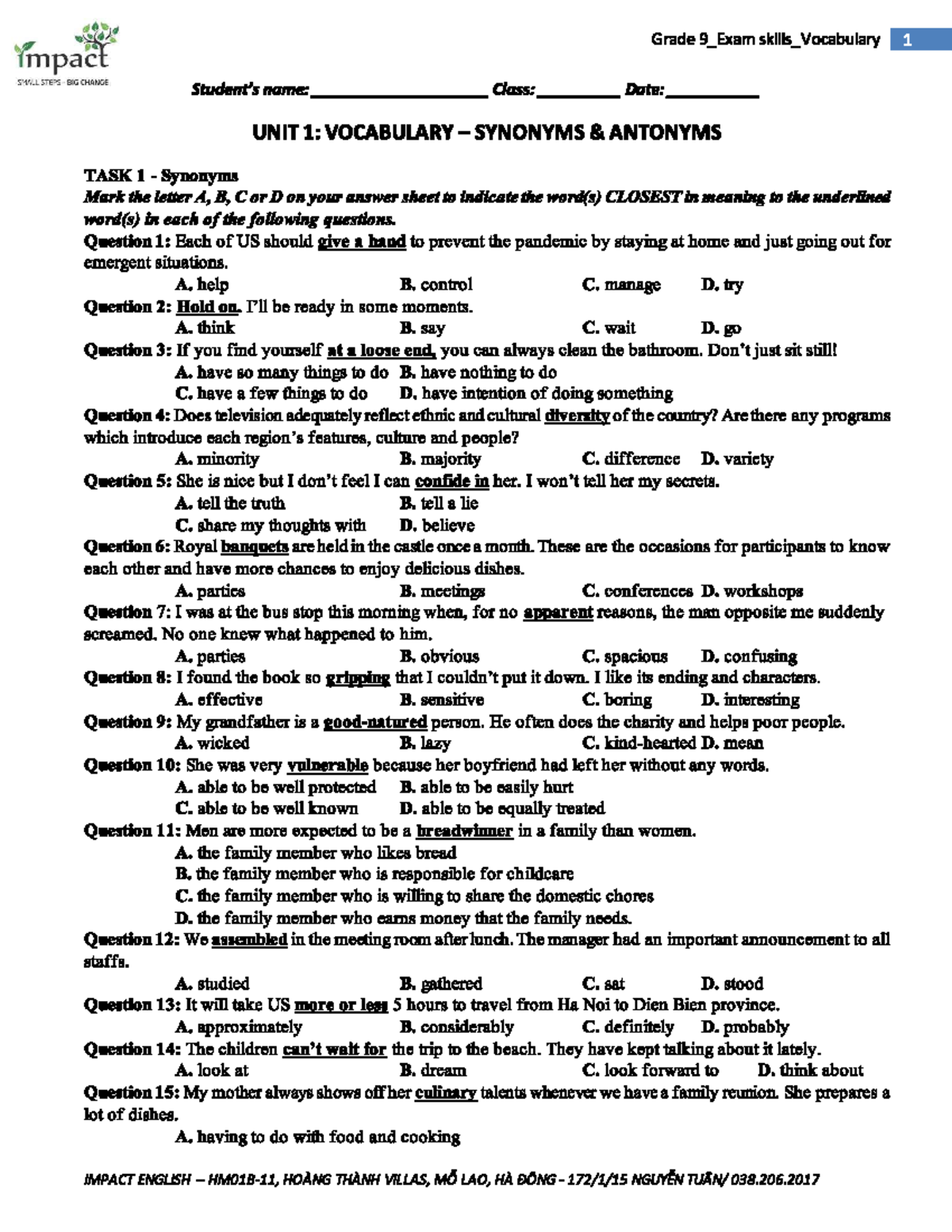 Chuyên đề 1. Synonyms & Amtonyms - Grade 9_Exam skills_Vocabulary 1 ...