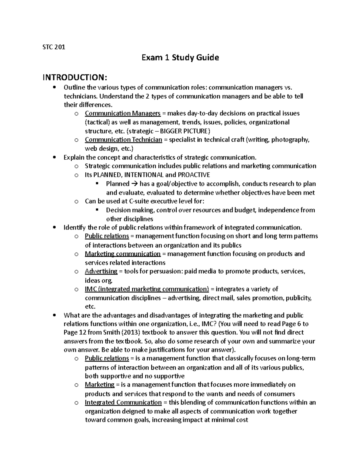 STC 201 Exam 1 Study Guide - STC 201 Exam 1 Study Guide INTRODUCTION ...