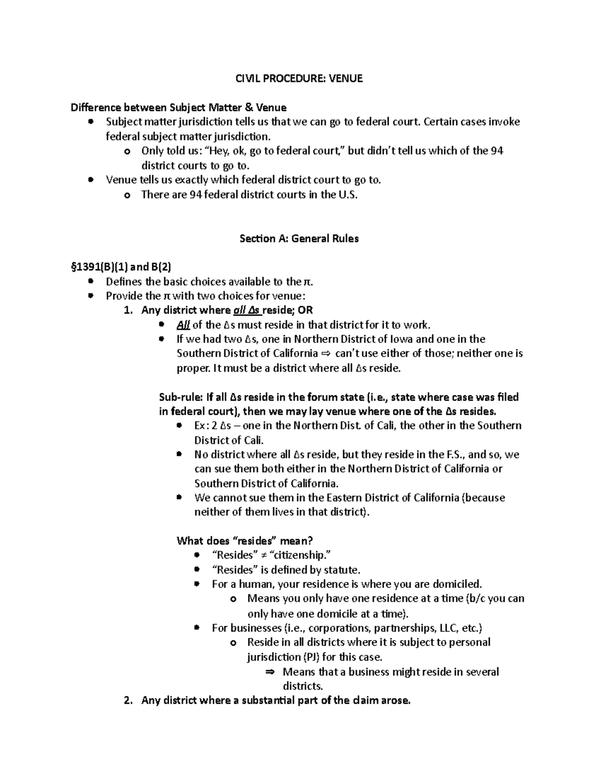 Civ Pro Venue - Richard Freer Video Notes - CIVIL PROCEDURE: VENUE ...
