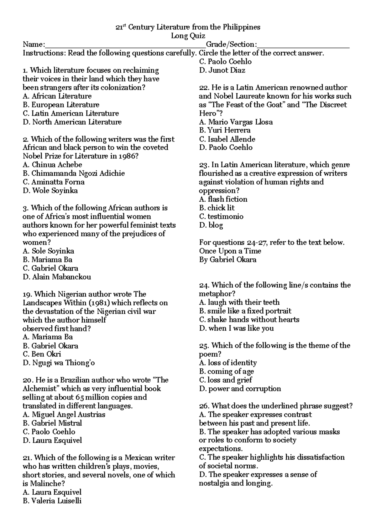 21stcentury long quiz - Quiz - 21 st Century Literature from the ...