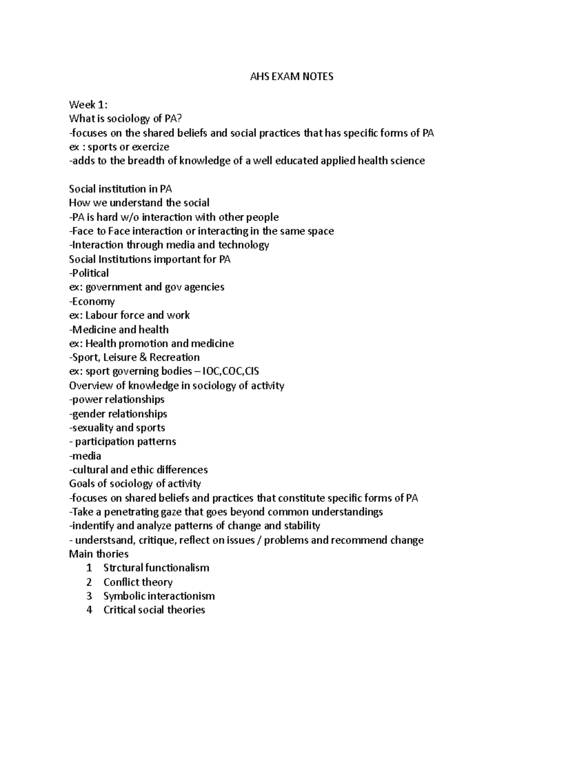 AHS EXAM Notes - AHS EXAM NOTES Week 1: What is sociology of PA ...
