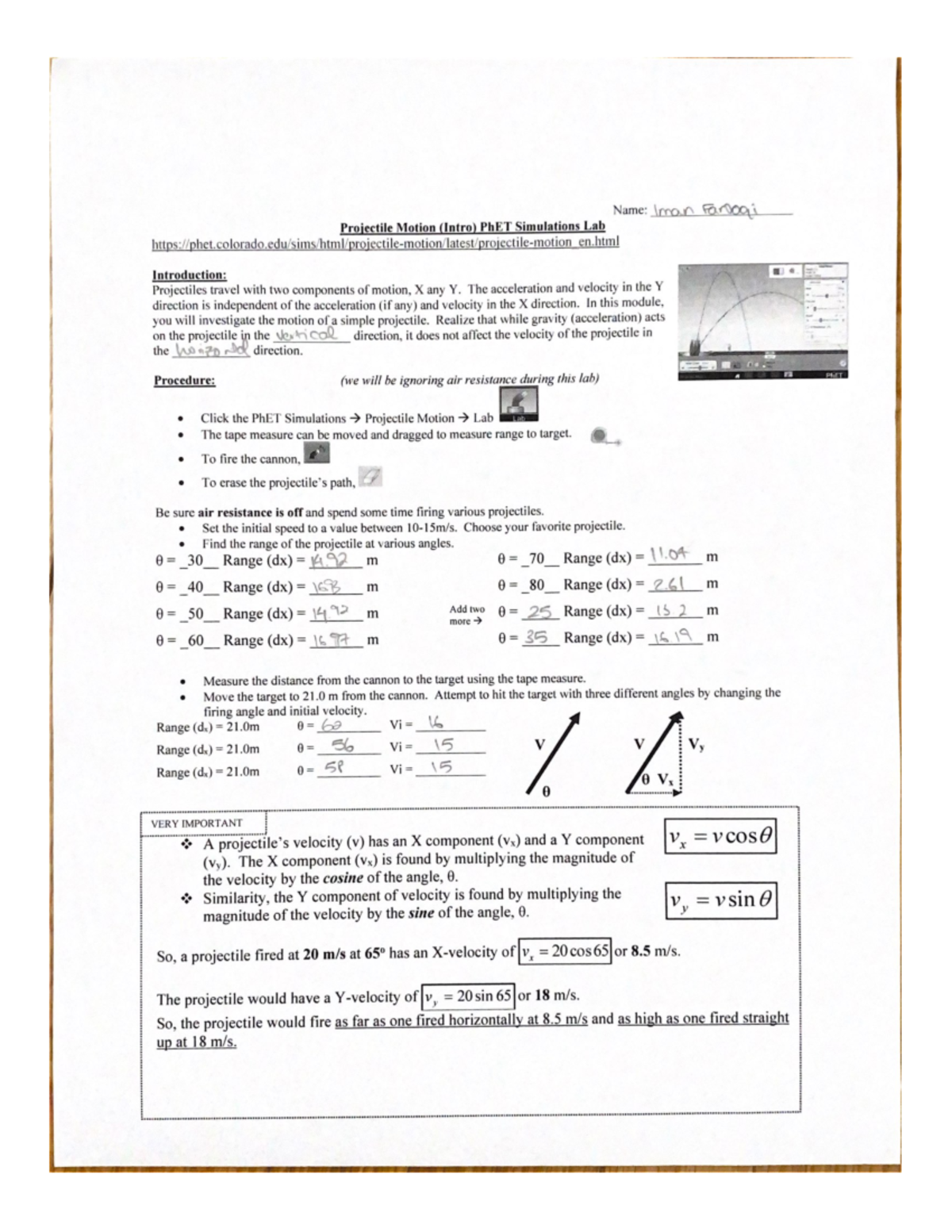 Projectile Motion (Intro) Ph ET Simulations Lab - Studocu