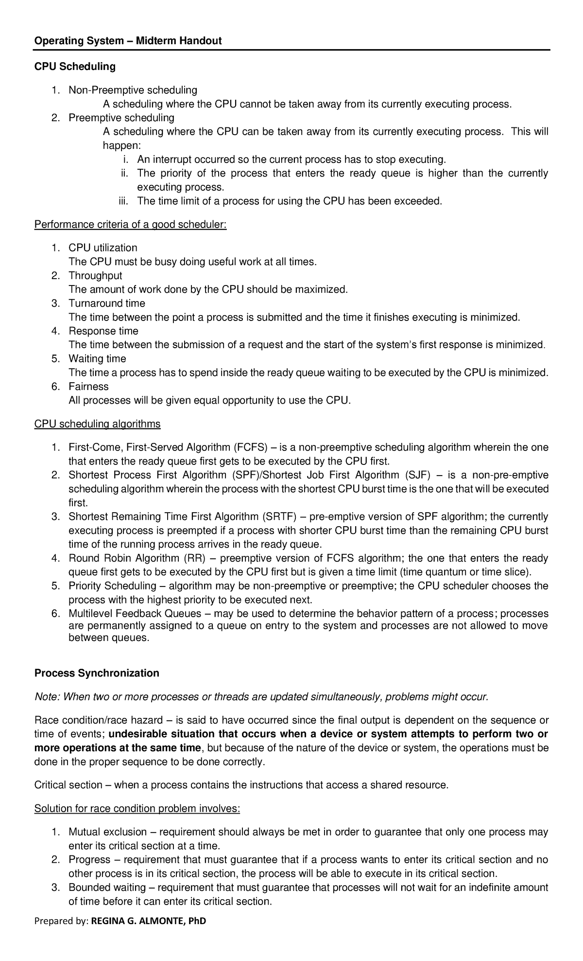 OS-Midterm Handout - Prepared by: REGINA G. ALMONTE, PhD Operating System – Midterm Handout CPU ...