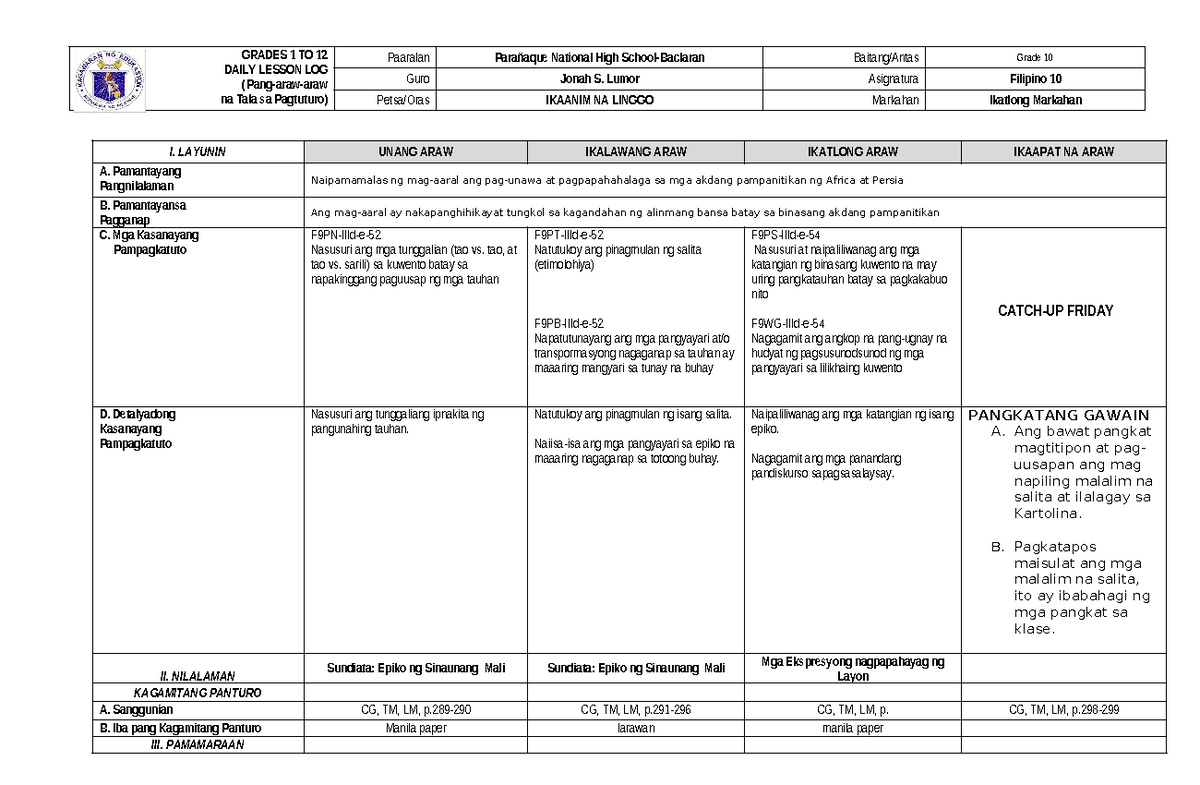 Week-6 2-Epiko - A lesson in Filipino 10 wherein students will learn ...