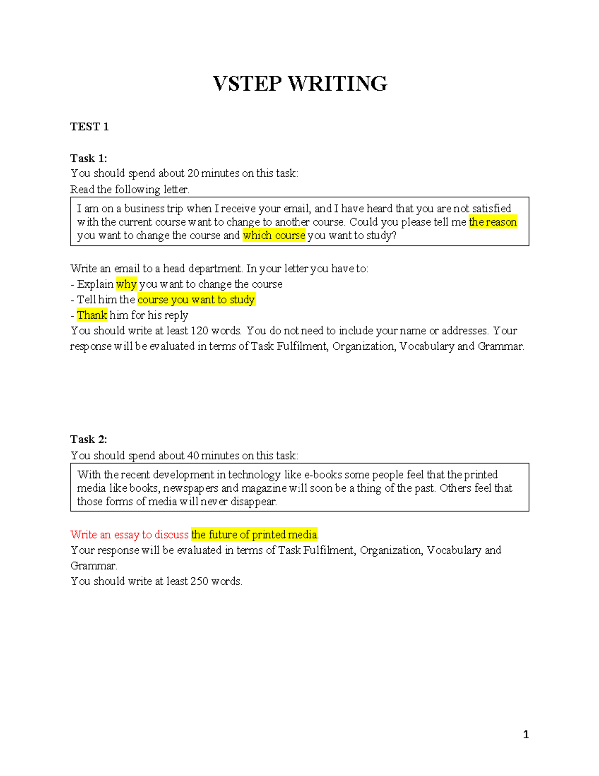 9 Writing Tests - VSTEP WRITING TEST 1 Task 1: You should spend about ...