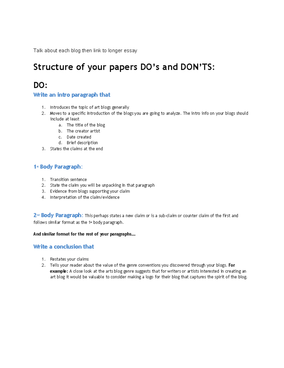Structure of paper - Talk about each blog then link to longer essay ...