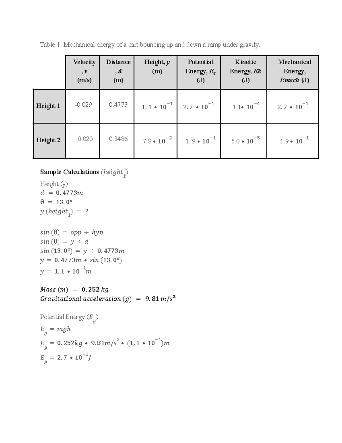 Copy of Lab PP - Physics - Table 1: Mechanical energy of a cart ...