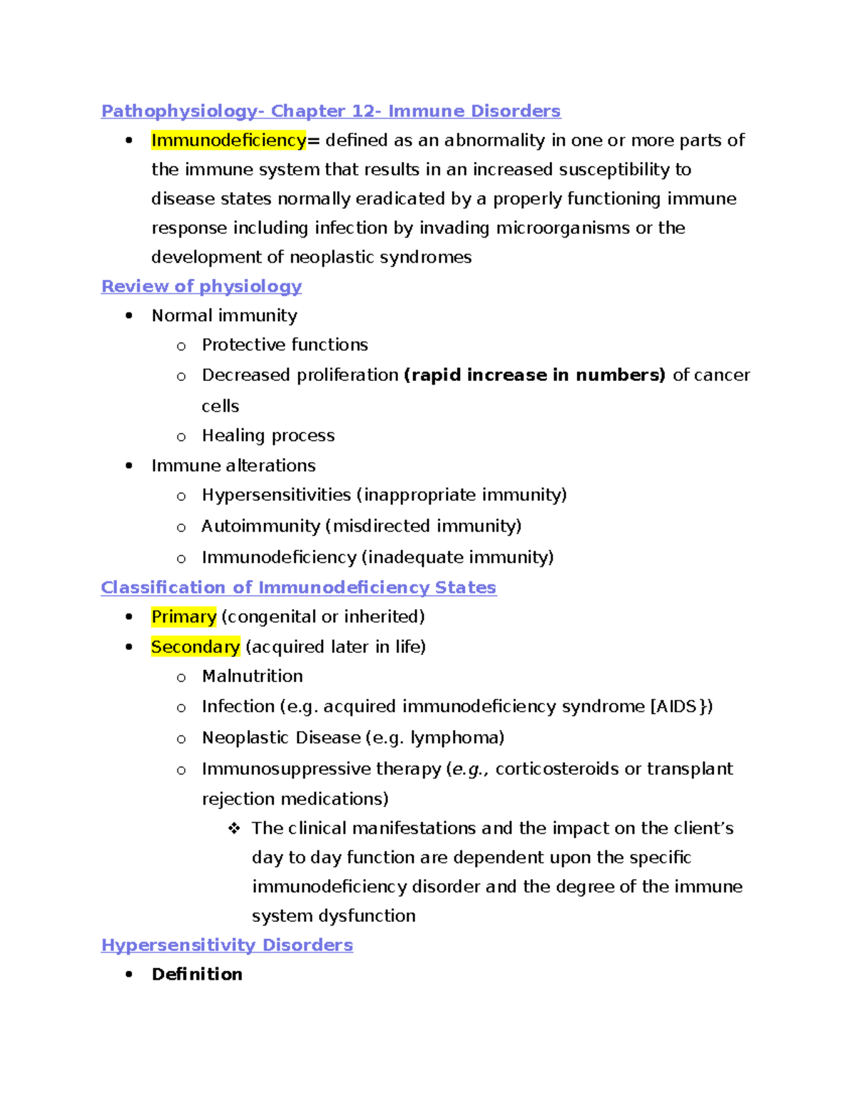 Chapter on Immune Disorders: Types and Clinical Manifestations - Studocu