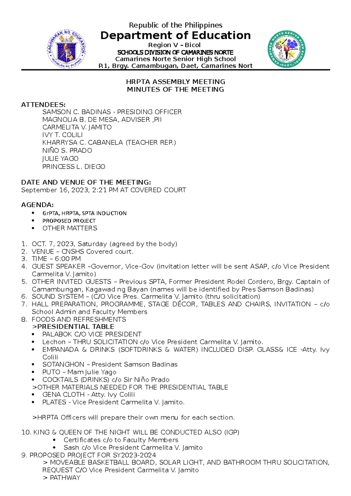 1st SPTA Meeting Minutes - Republic of the Philippines Department of ...