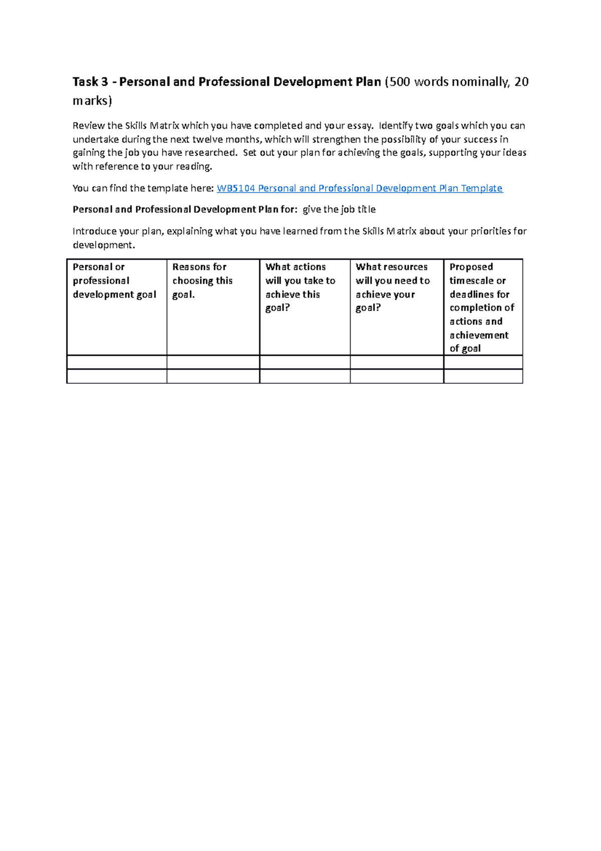 2122 WB5104 Personal and Professional Development Plan Template - Task 3 - Personal and ...