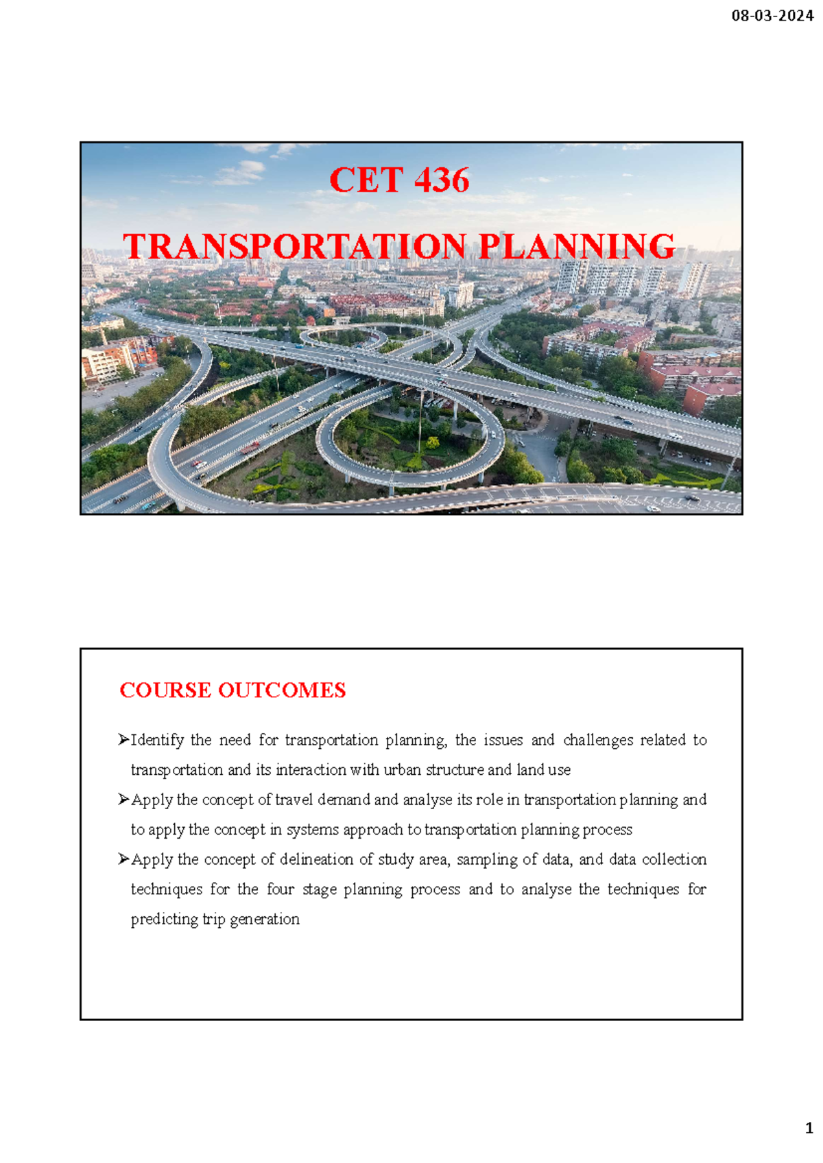 TP mod 1 2 - cet436 notes - CET 436 TRANSPORTATION PLANNING COURSE ...