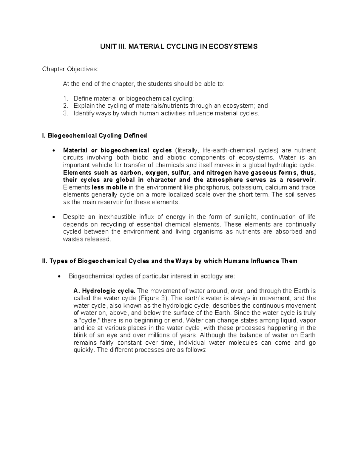Unit 3 - NOTES - UNIT III. MATERIAL CYCLING IN ECOSYSTEMS Chapter ...