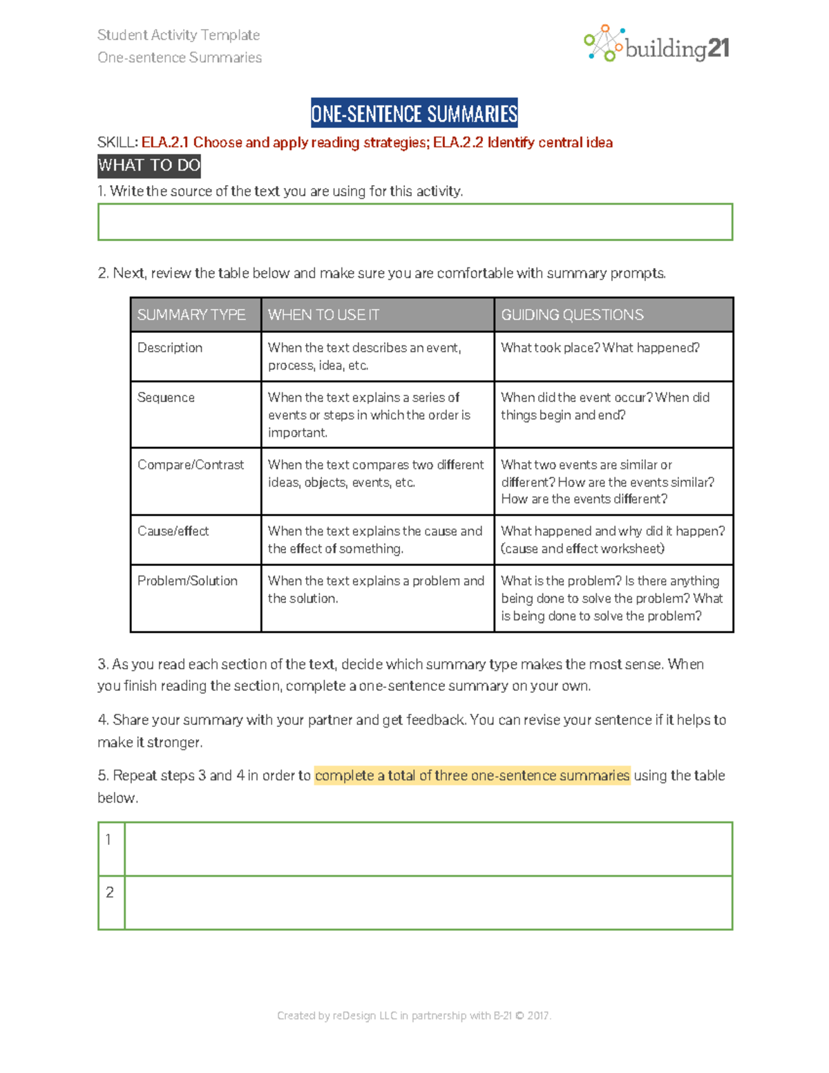 Activity Template ONE- Sentence Summaries（副本） - Student Activity ...