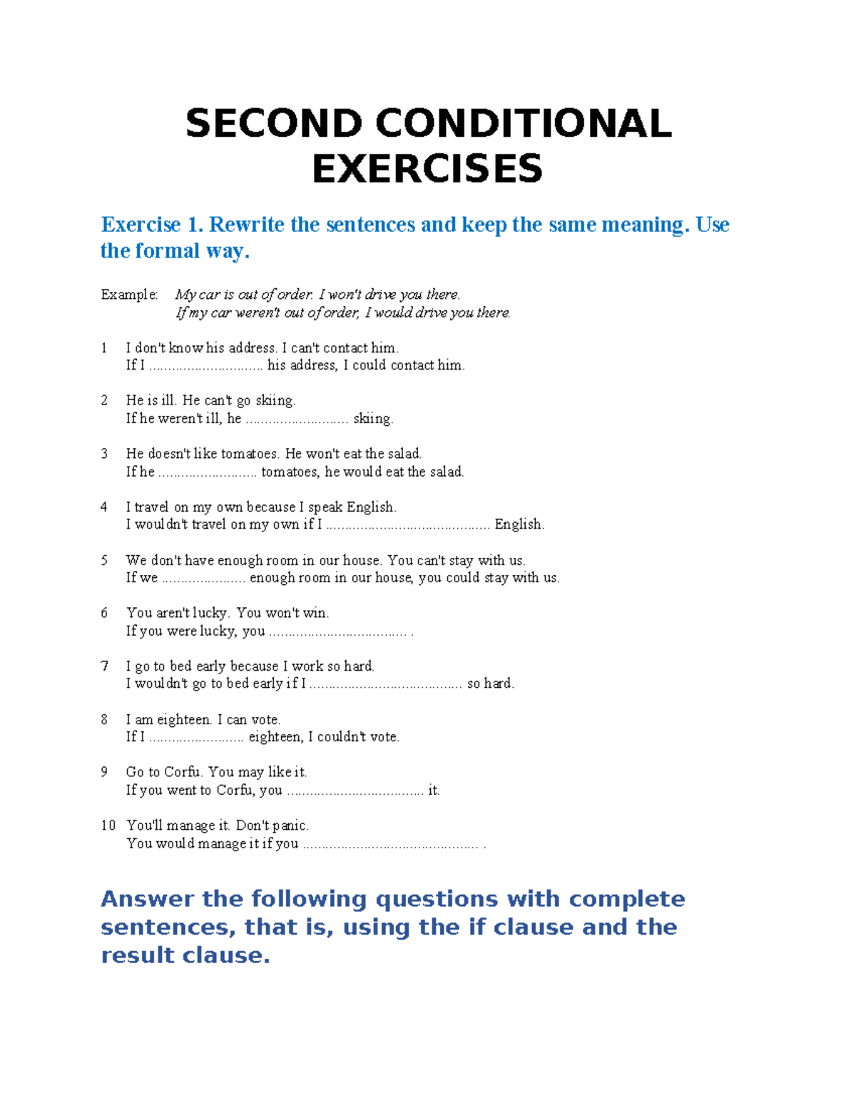 Second Conditional Exercises - SECOND CONDITIONAL EXERCISES Exercise 1 ...