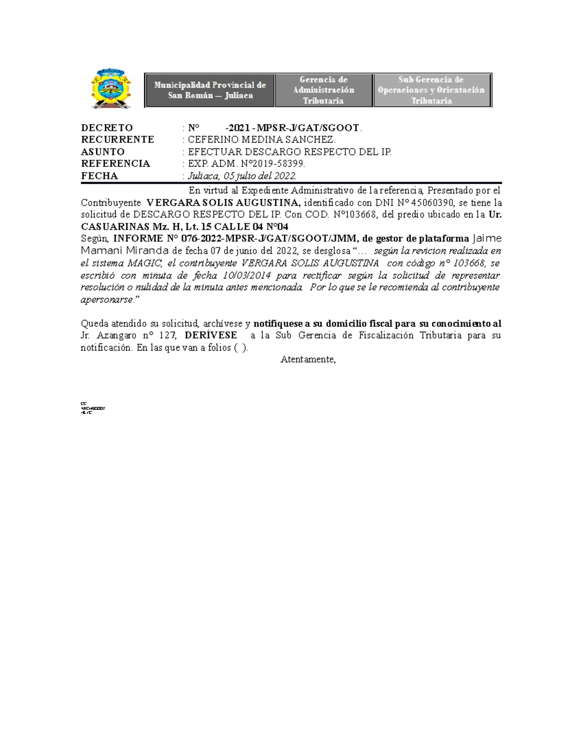 Decreto 58399 - espero te ayude - DECRETO : N° -2021 -MPSR-J/GAT/SGOOT ...