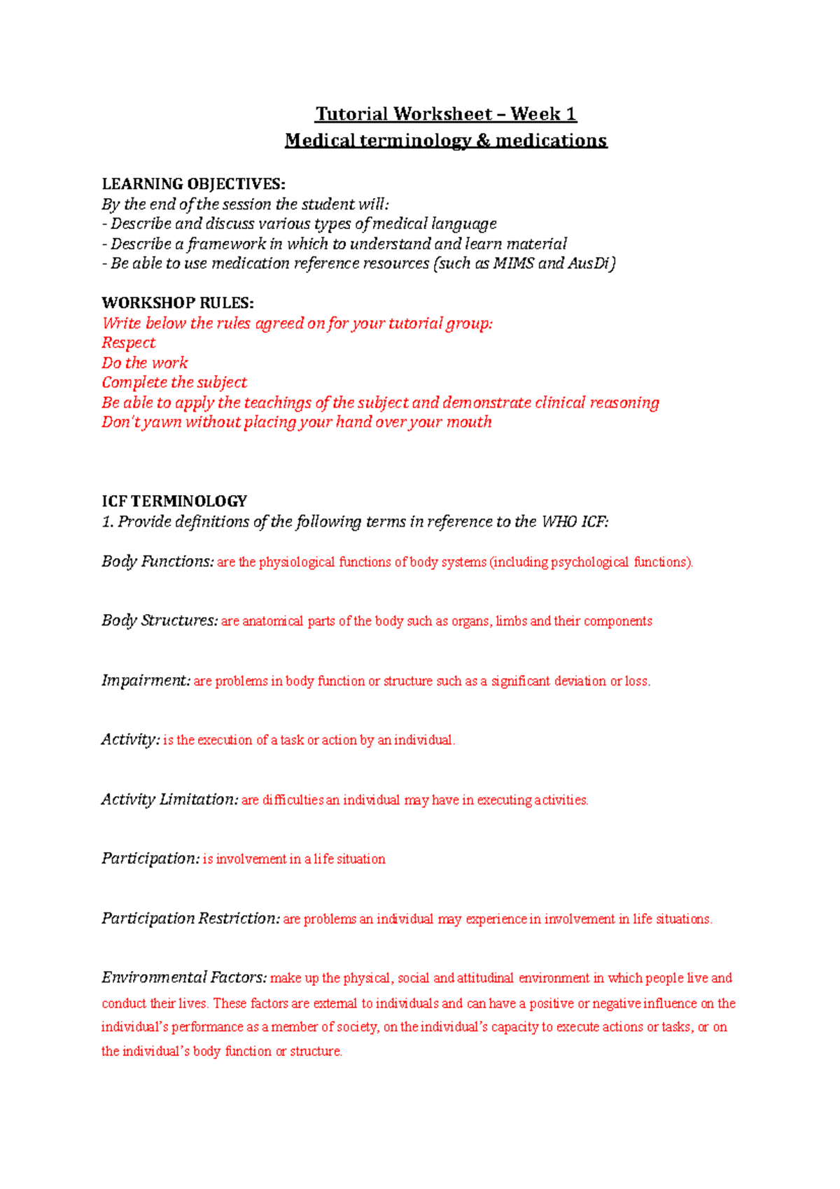 Medical Terminology Worksheet Week 1 - Studocu