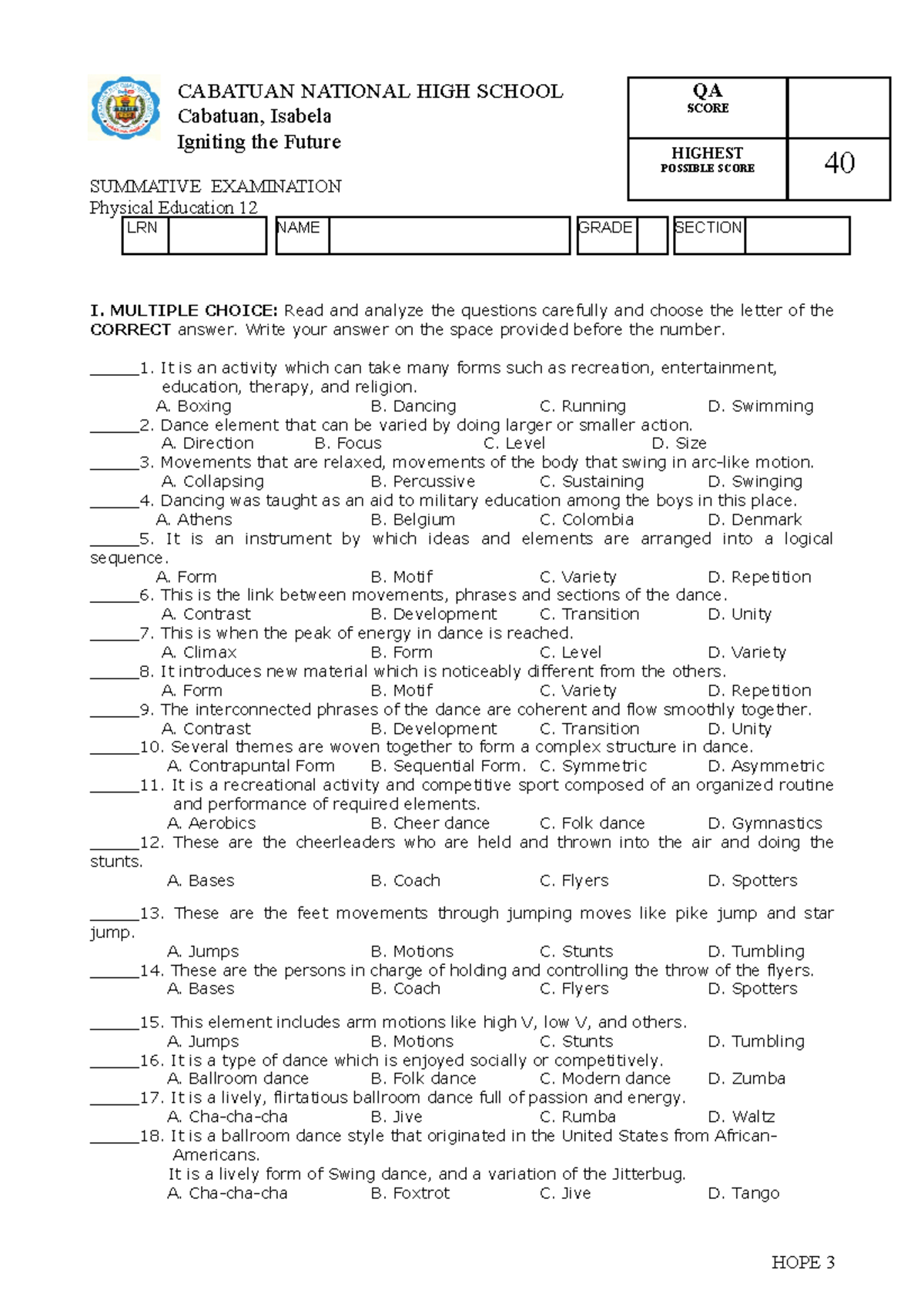 Final EXAM PE 114 - Practice Material - CABATUAN NATIONAL HIGH SCHOOL ...