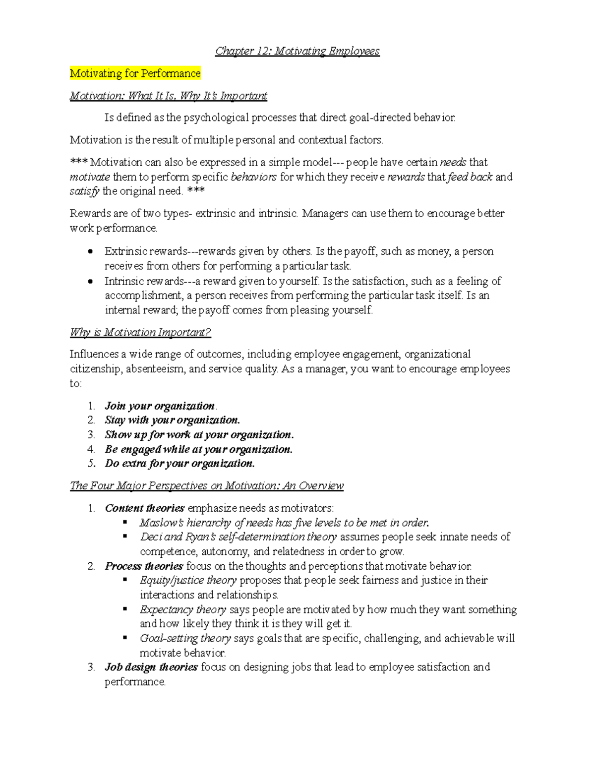 Chapter 12 business notes - Chapter 12: Motivating Employees Motivating ...