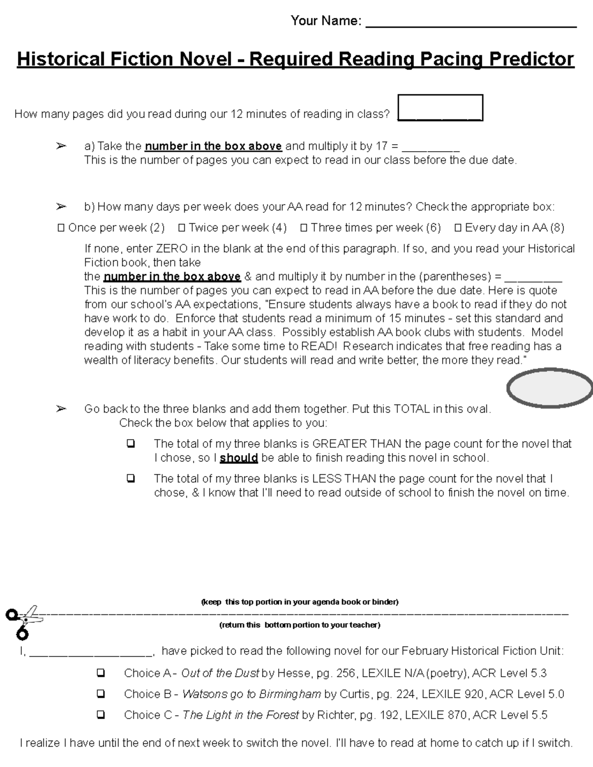 Historical Fiction Reading Pace Checklist Parent Signature - How many ...