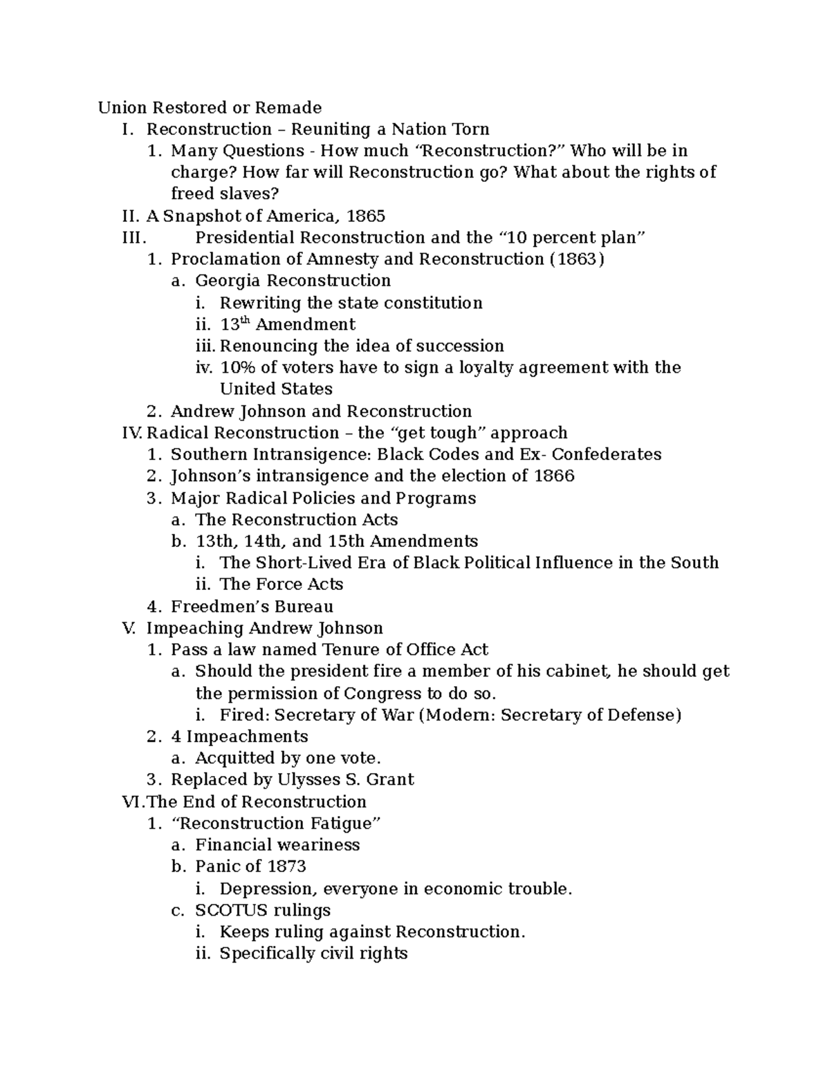 HIST 2112 Notes Up to Exam 1 - Union Restored or Remade I ...