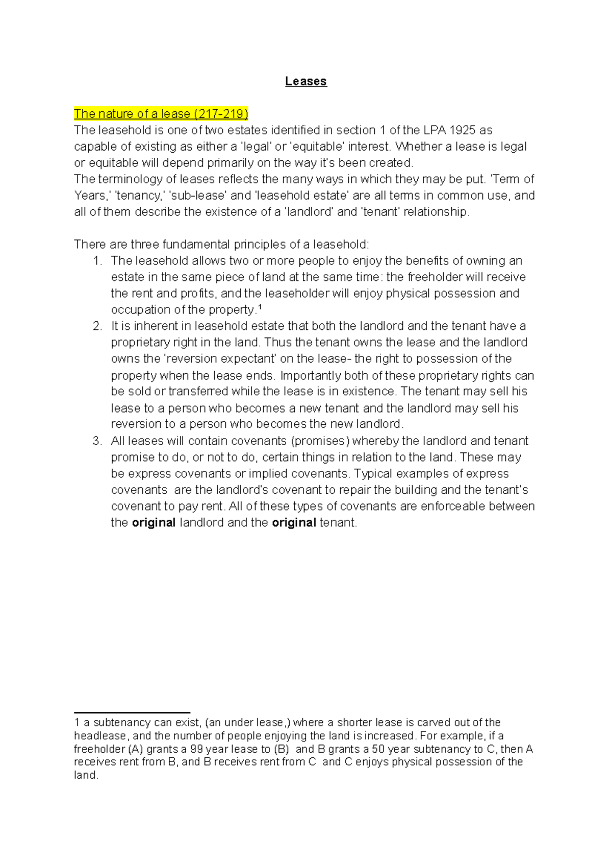 Land Law- Leases - lecture notes - Leases The nature of a lease (217 ...