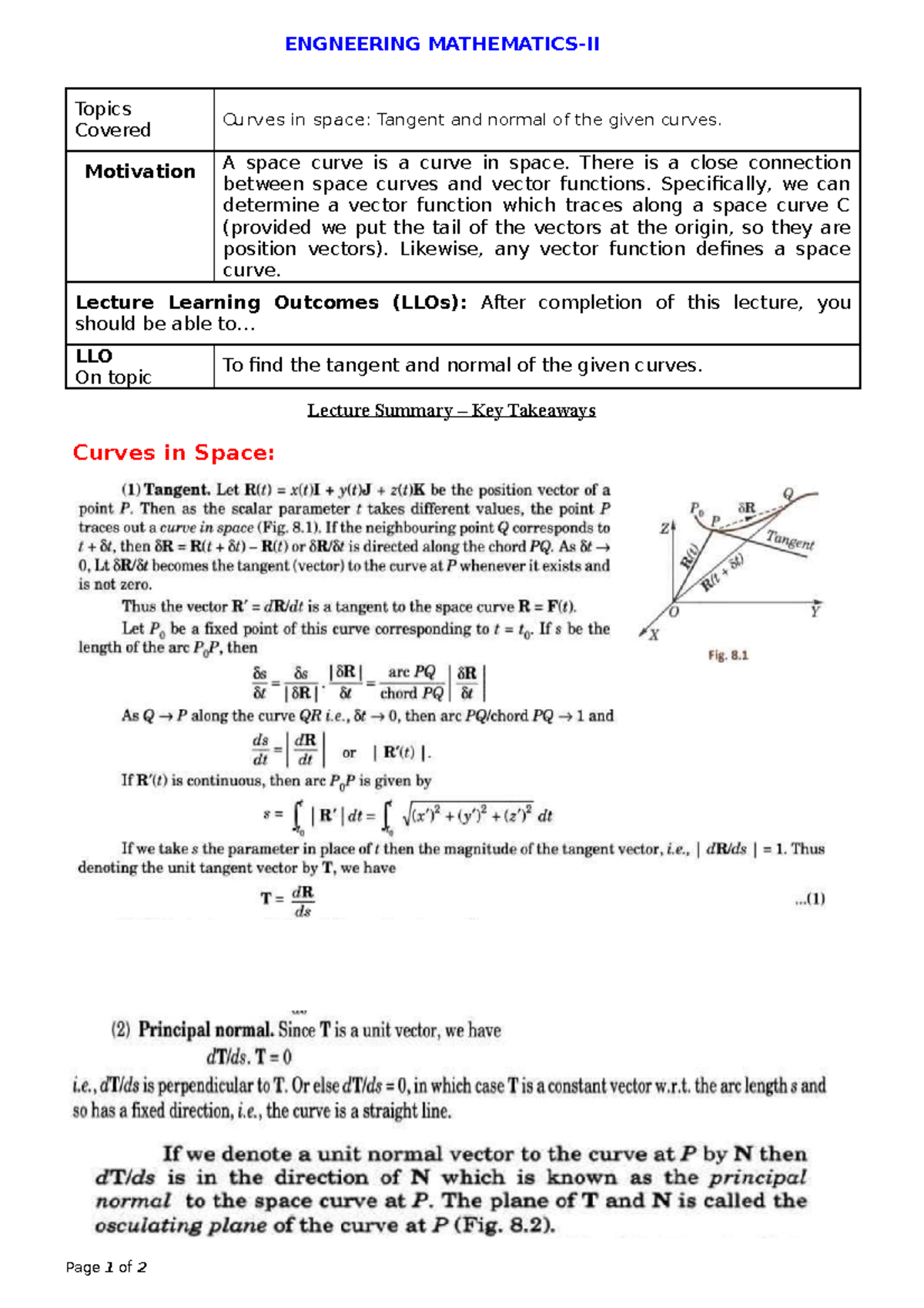 Tangent And Normal Of The Given Curves Motivation A Space Curve Is A Curve In Space There Is