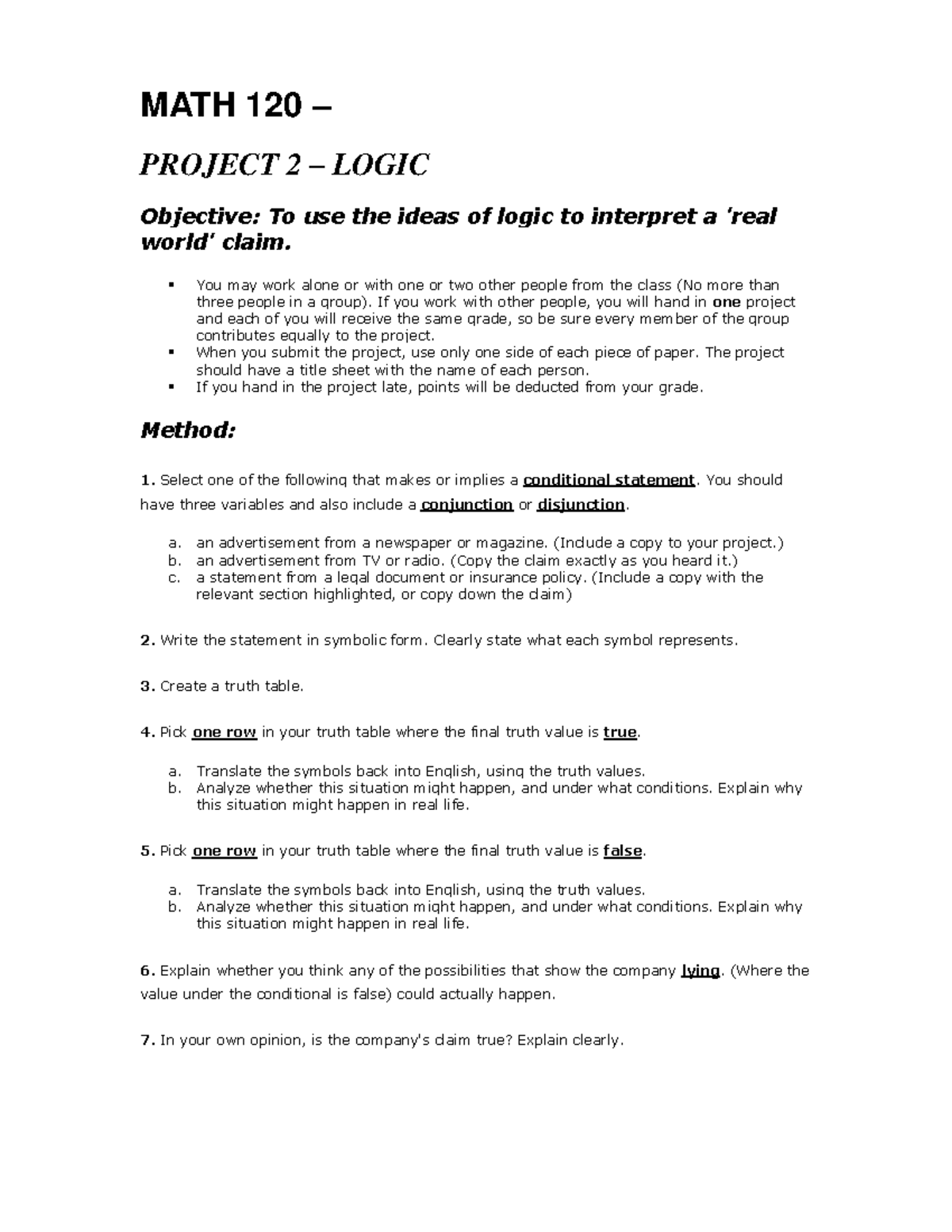 Math 120 - Logic Project 2 - MATH 120 – PROJECT 2 – LOGIC Objective: To ...